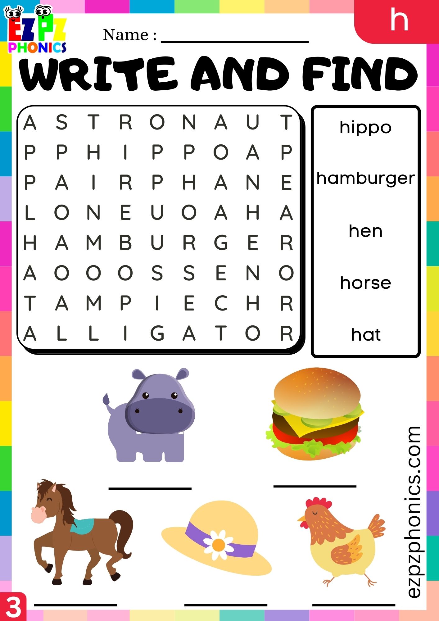 Letter h Word Search Write and Find the Words Phonics Activity Group 3 - ezpzphonics.com